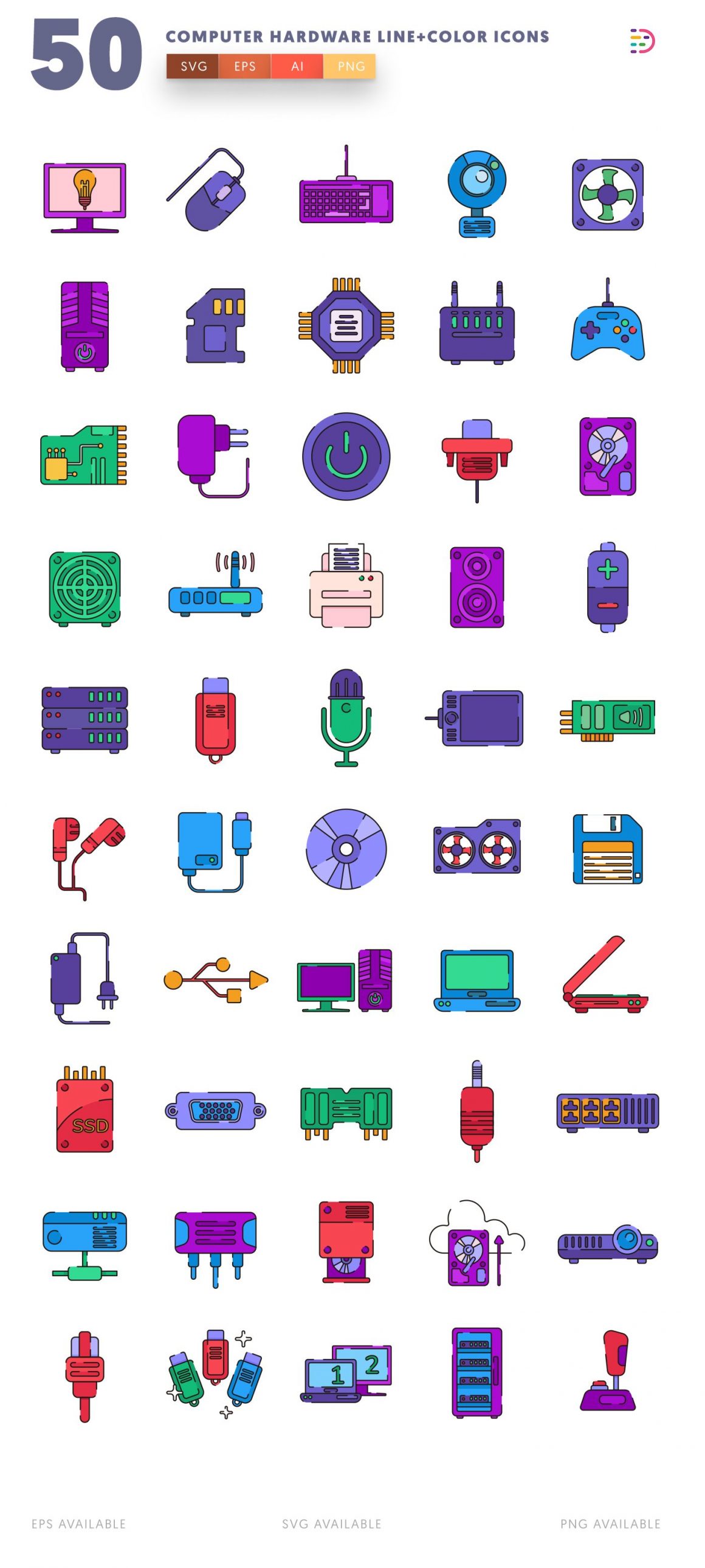 50 Computer Hardware Line & Color Icons - Dighital Icons | Premium Icon Sets For All Your Designs!
