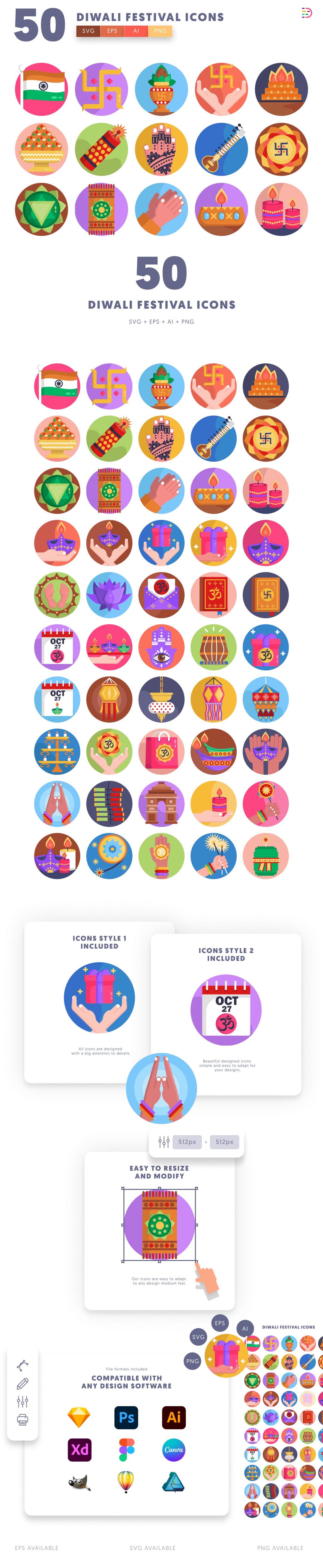 50 Diwali Lights Festival Icons - Add a Festive Touch to Your Designs