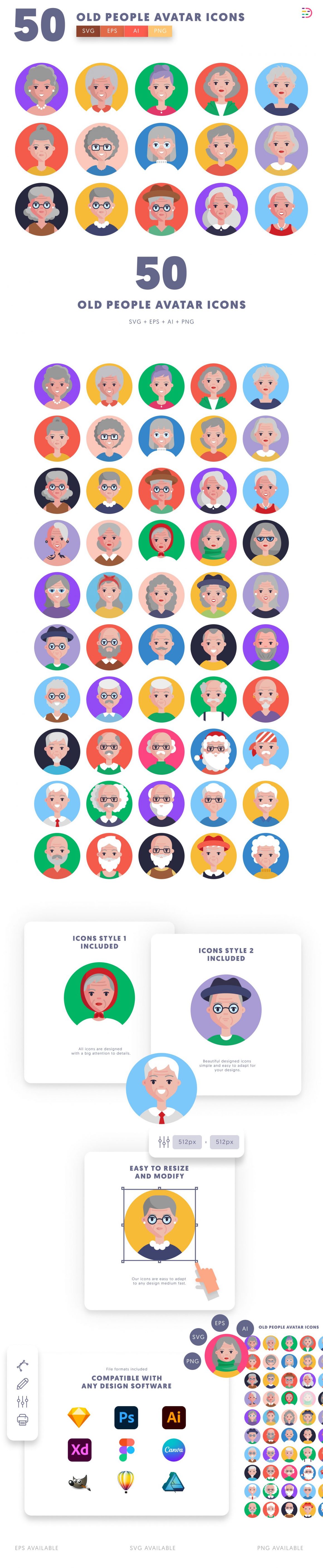 50 Old People Avatar Icons - To create engaging user experiences