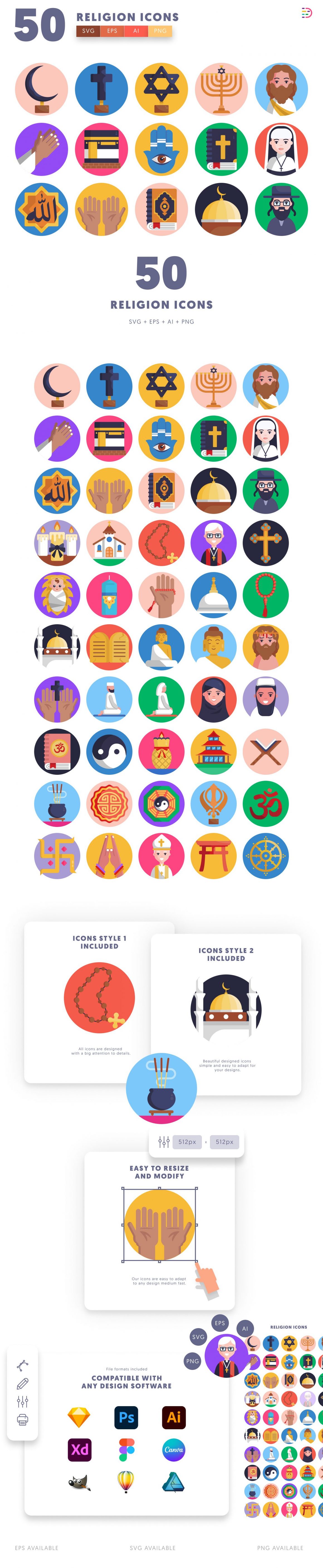 50 Religion Icons - Designed to evoke reverence and serenity