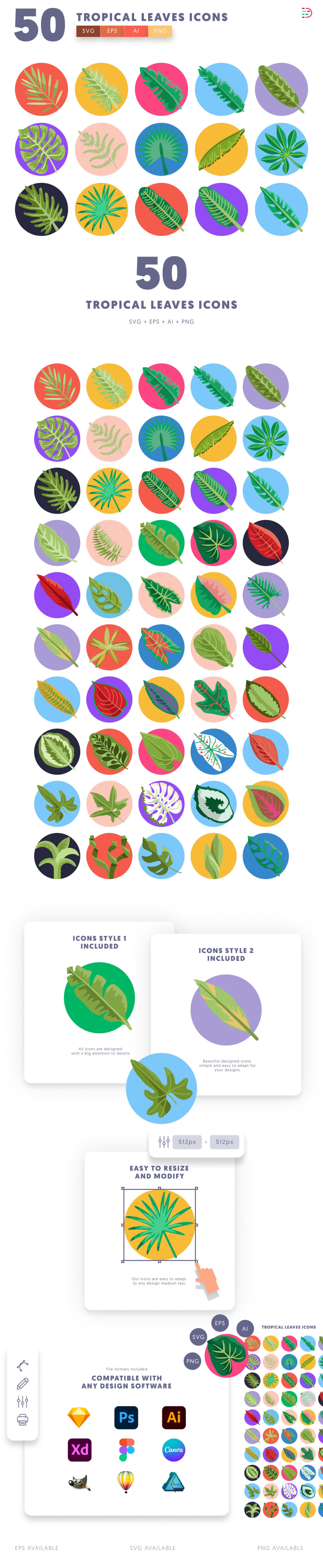 50 Tropical Leaves Icons - Dive into the lush beauty of the tropics!