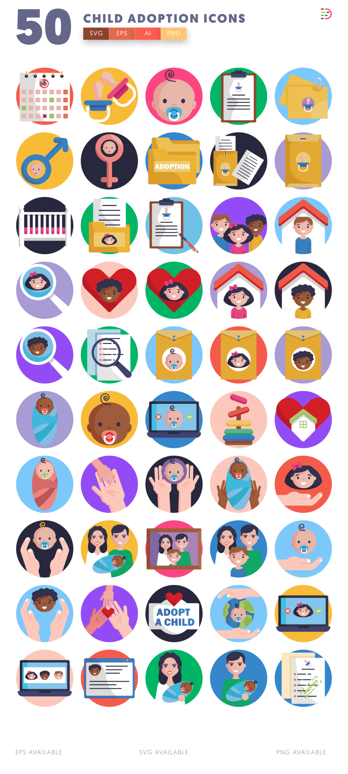 50-Child Adoption Icons Set | Family, Care & Parenting Designs