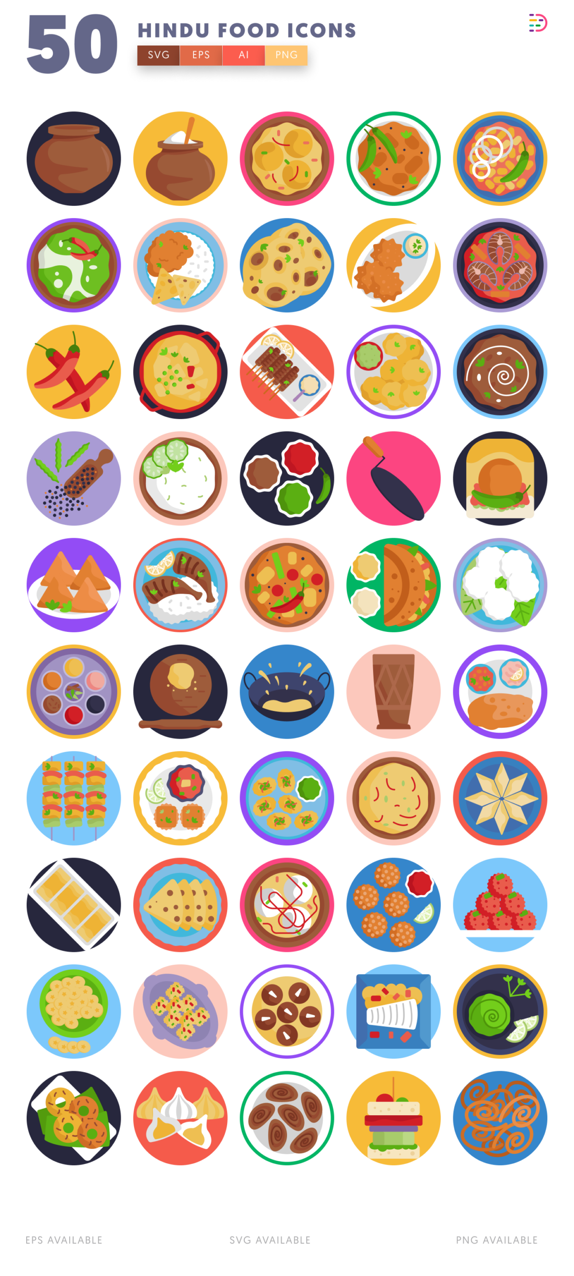 50 Hindu Food Icons Set – Traditional Indian Cuisine