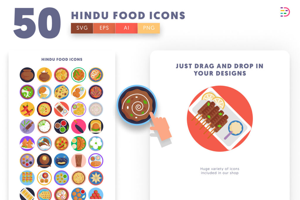 50 Hindu Food Icons Set – Traditional Indian Cuisine