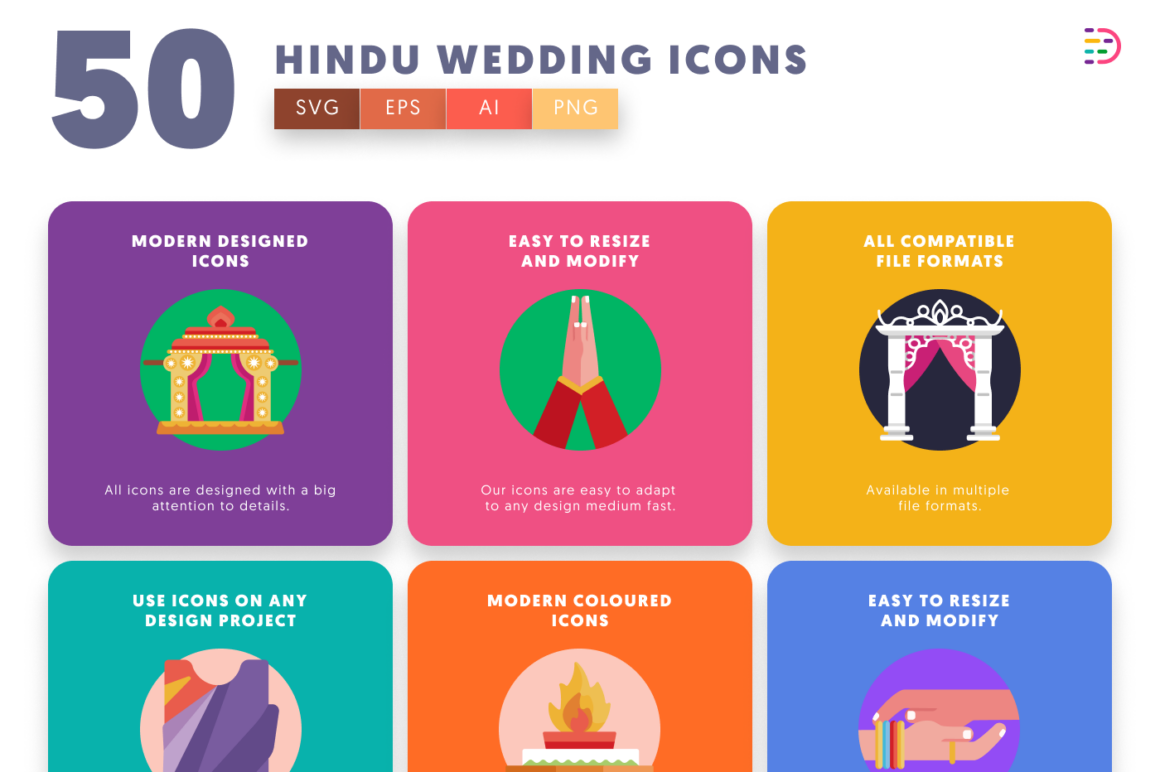 50 Hindu Wedding Icons – Traditional Ceremony Symbols