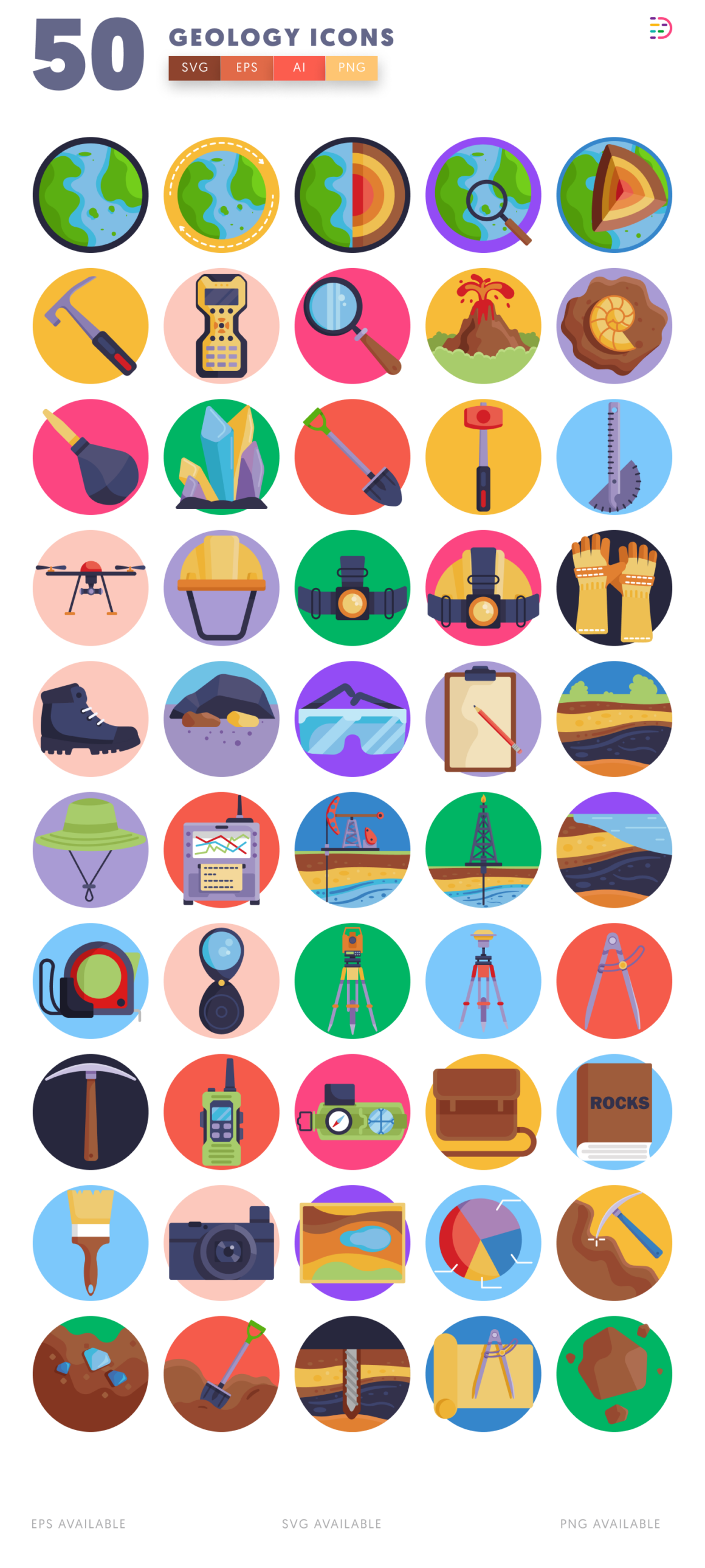 50 Geology Icons Set – Rocks, Minerals, Fossils & Tectonic Plates