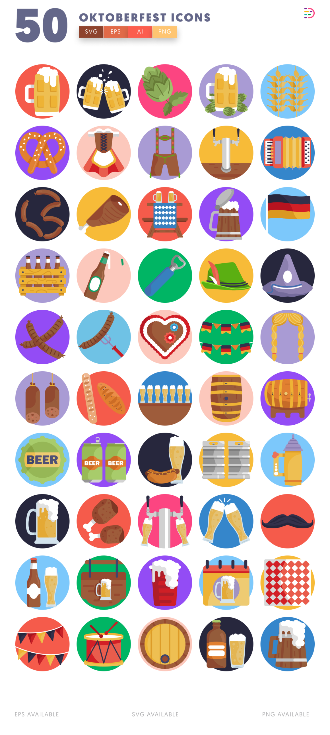 50 Oktoberfest Icons – Bavarian Beer Festival Vector Icon Set