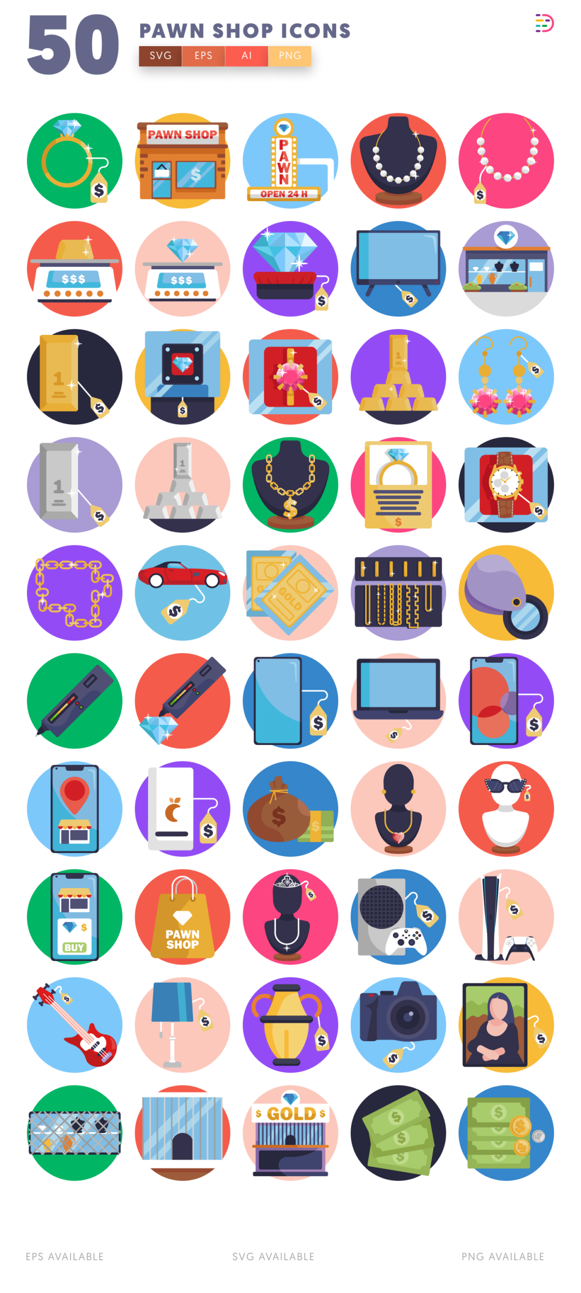 50 Pawn Shop Icons Set – Jewellery, Gold, Electronics & More