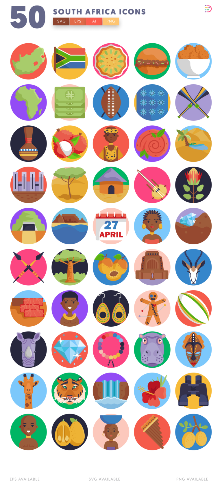 50 South Africa Icons – Cultural, Travel & Wildlife Vector Icon Set