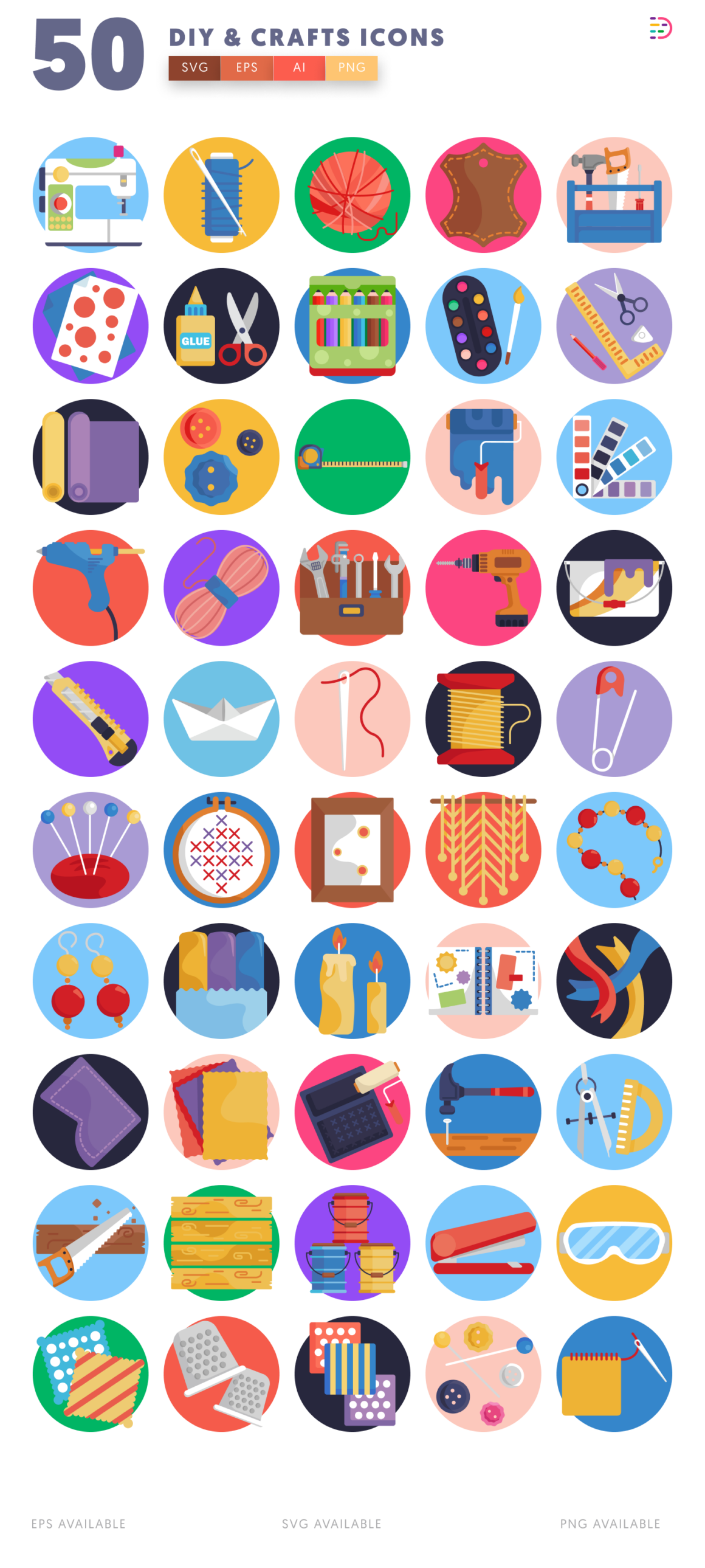 50 DIY & Crafts Icons – Handmade, Crafting, and Sewing Icon Set