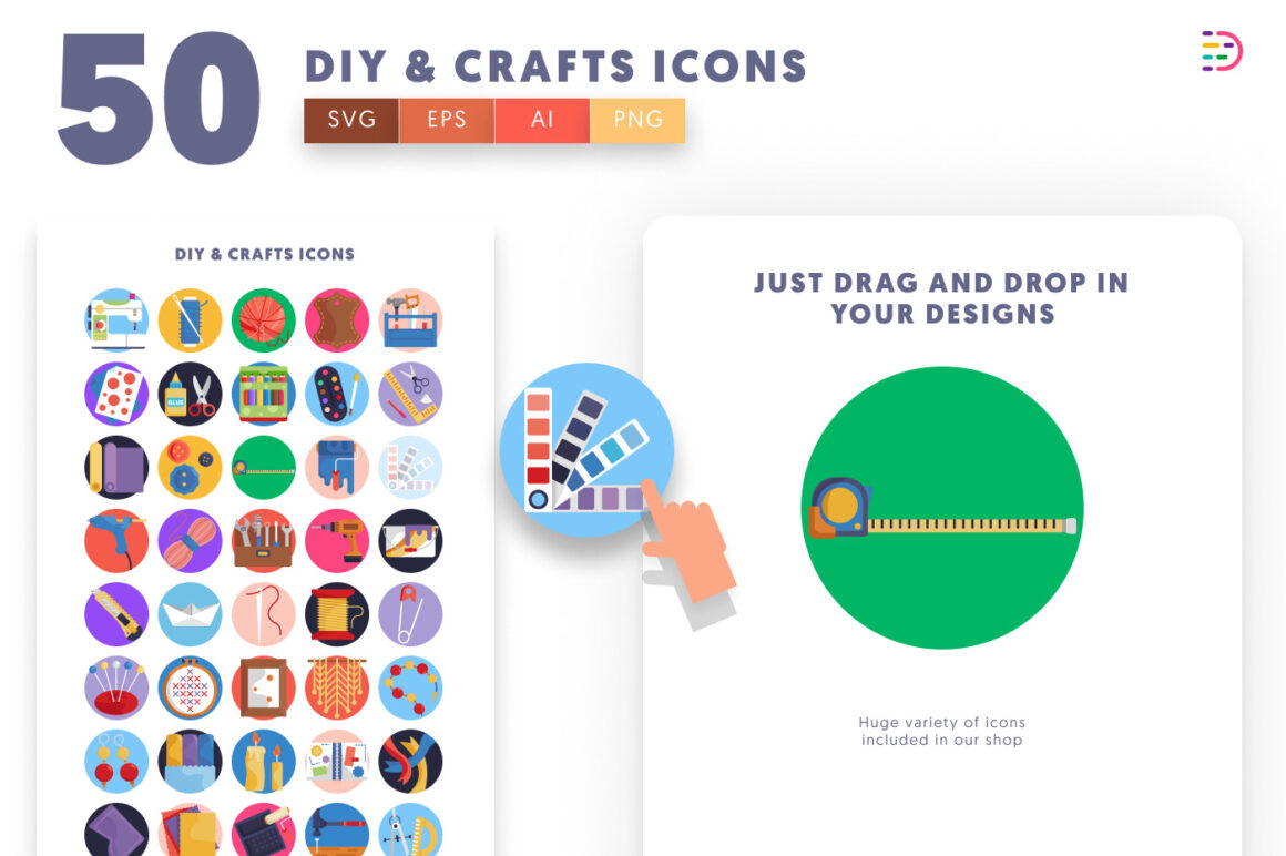 50 DIY & Crafts Icons – Handmade, Crafting, and Sewing Icon Set
