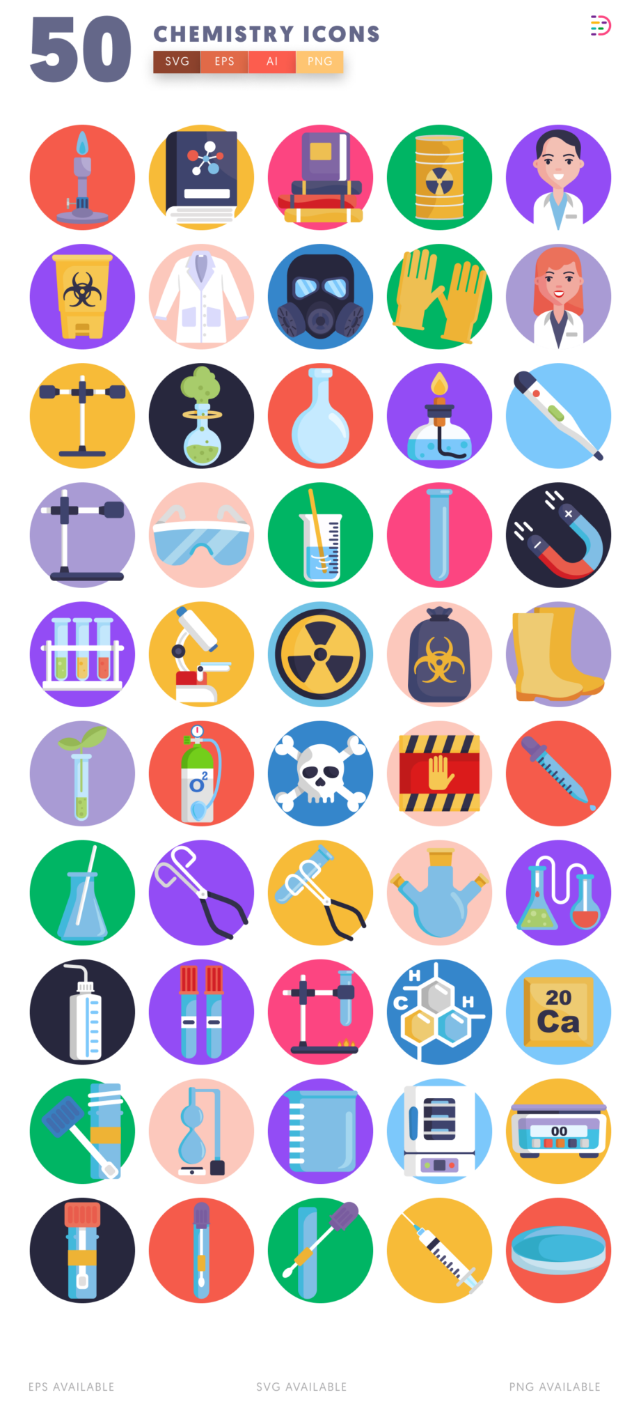 50 Chemistry Icons – Science, Lab, Molecules & Chemical Symbols