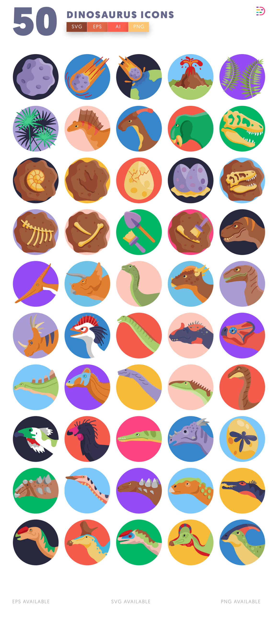 50 Dinosaurus Icons – Prehistoric Dinosaur Vector Icon Set