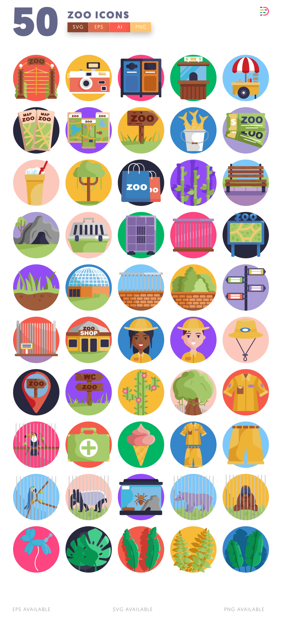 50 Zoo Icons Set – Vector Animals, Wildlife, and Zoo Elements
