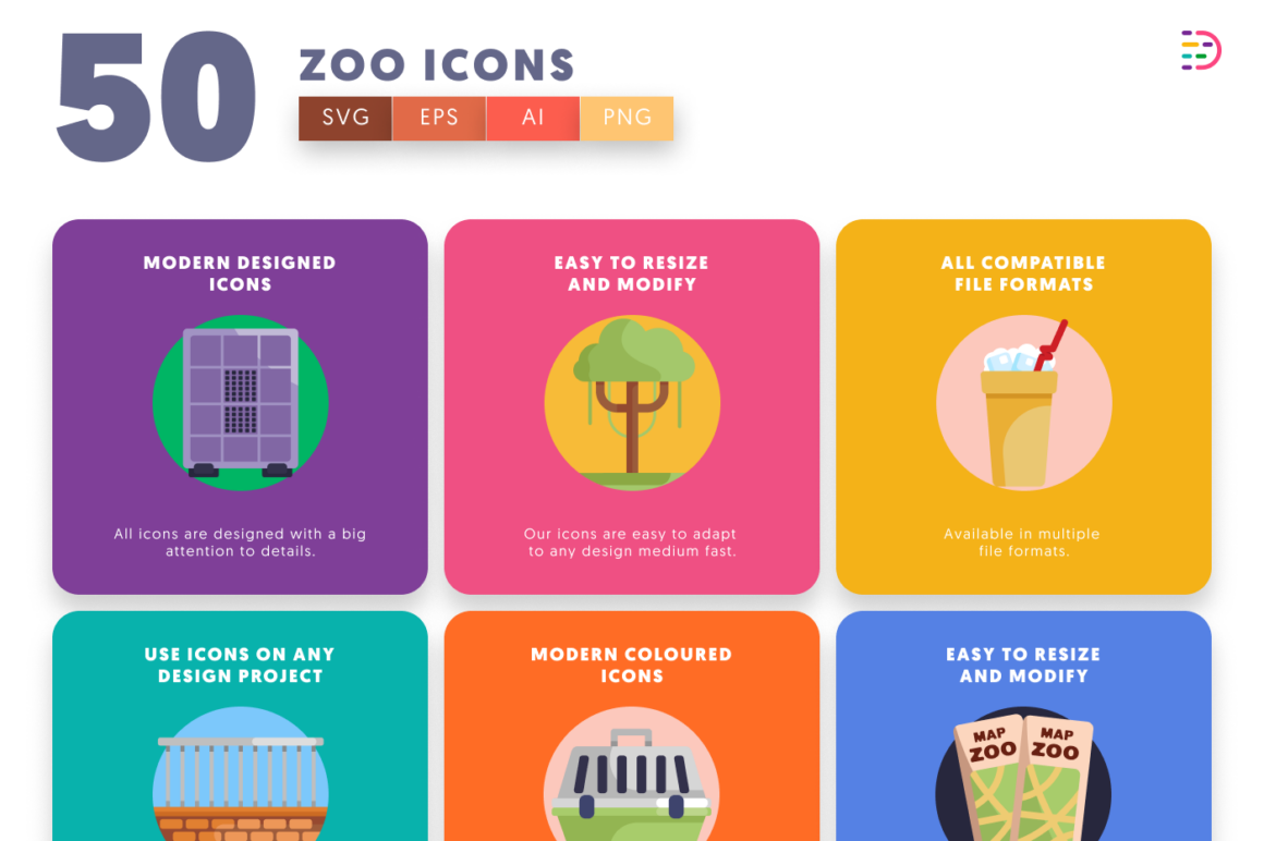 50 Zoo Icons Set – Vector Animals, Wildlife, and Zoo Elements