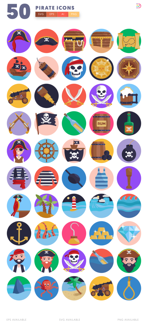 50 Pirate Icons – Vector Line Icons of Ships, Treasure, Skulls