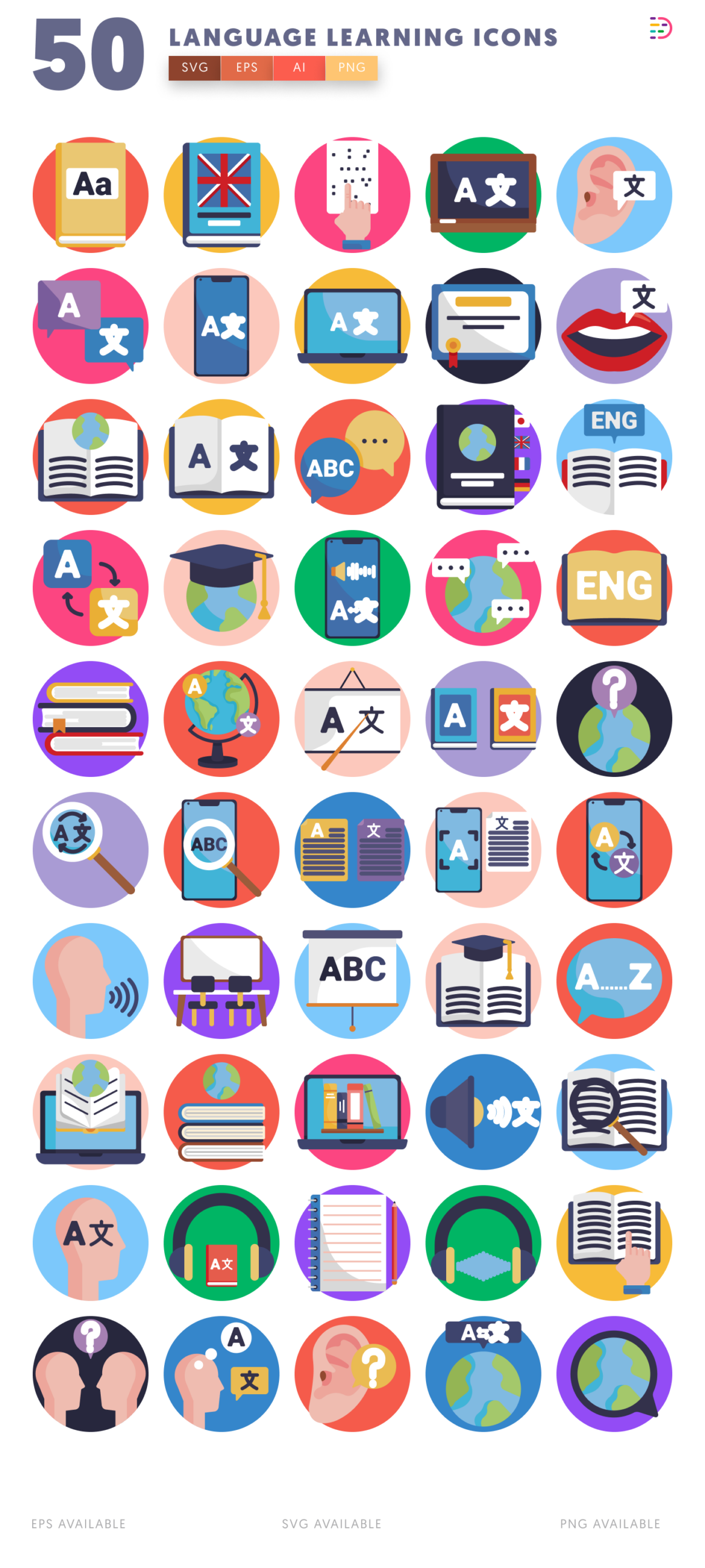 50 Language Learning Icons – Modern Education Icon Set for Apps
