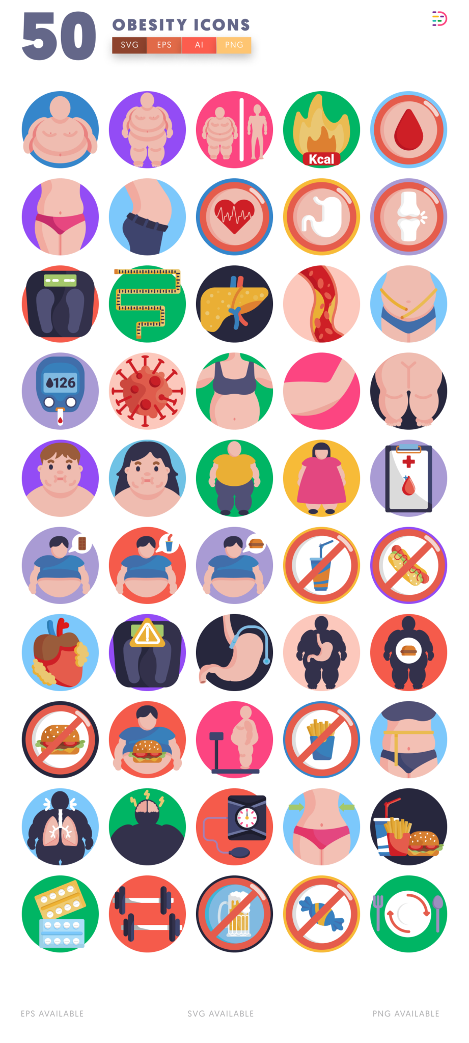 50 Obesity Icons – Medical & Health Awareness Vector Set