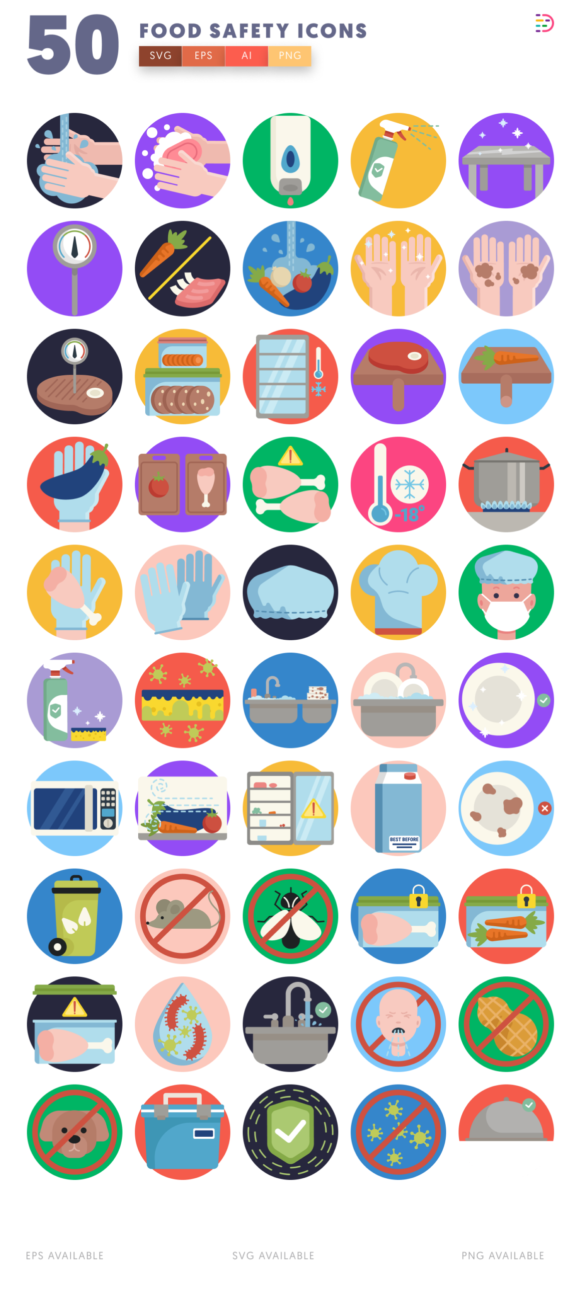 50 Food Safety Icons Set – Hygiene, Allergen & Storage Symbols